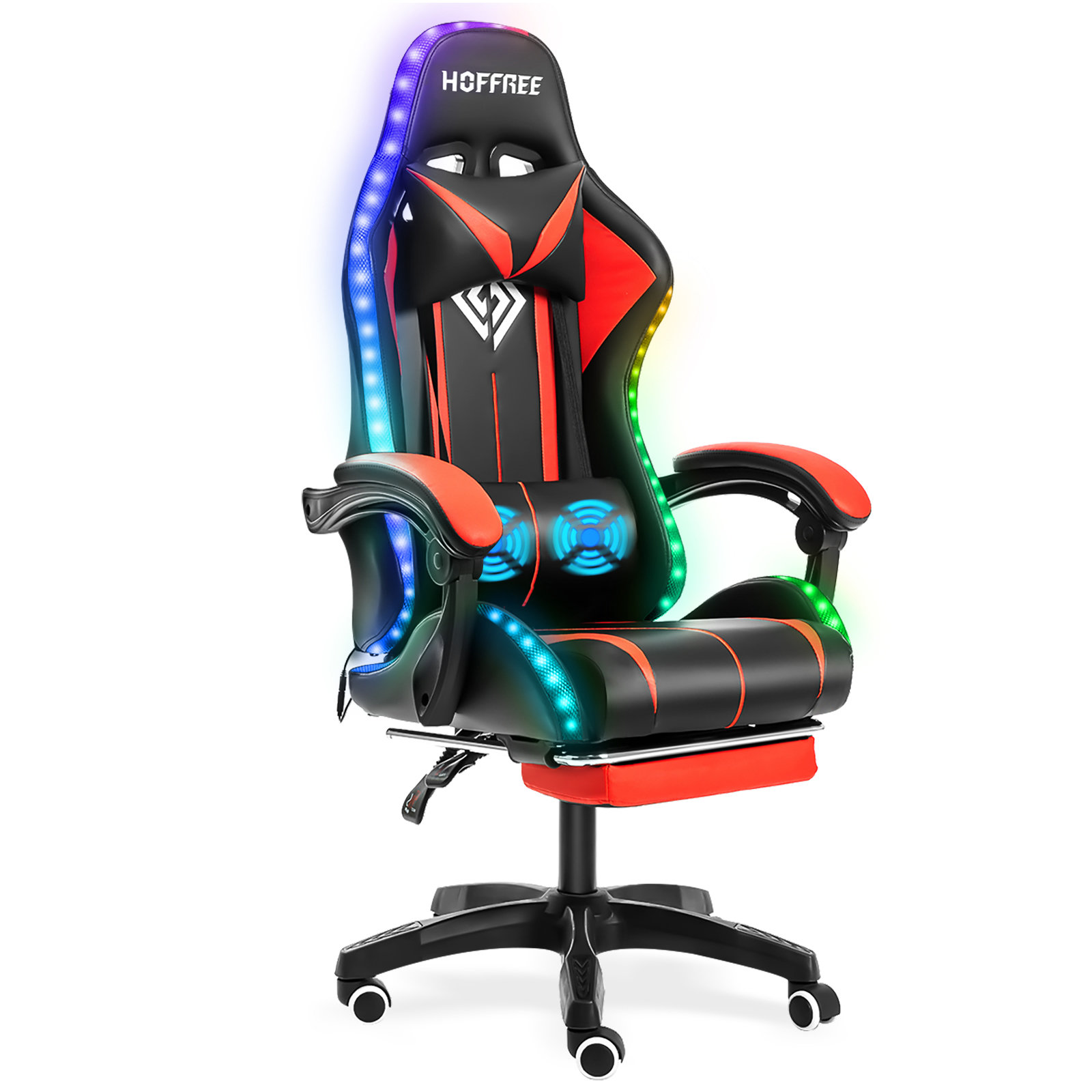 Hoffree RGB Gaming Chair with Speakers Massage Computer Gaming Chair with LED Lights and Footrest High Back Video Game Chair for Adults Red and Black